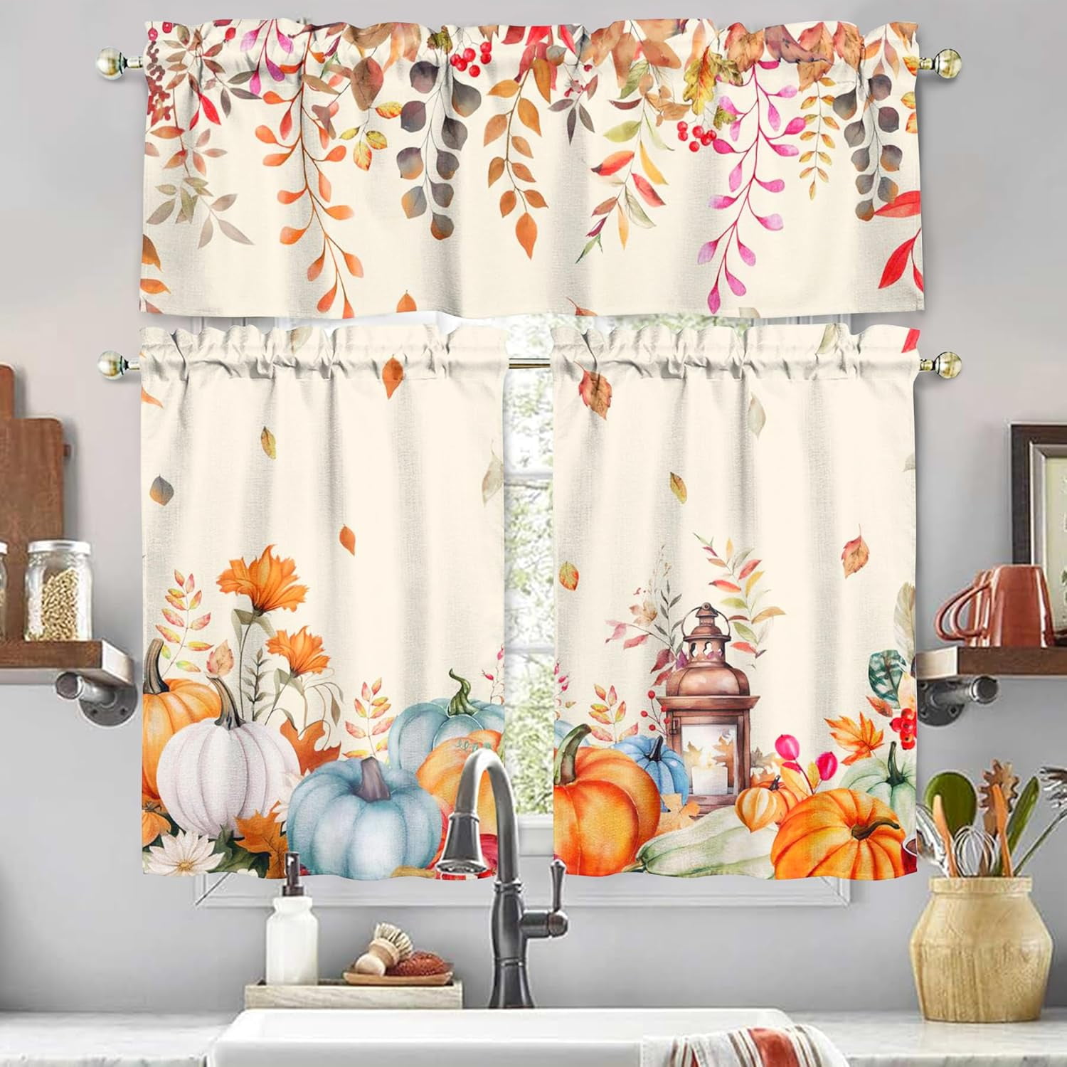 Fall Kitchen Curtains and Valance Set of 3, Autumn Pumpkin Kitchen ...