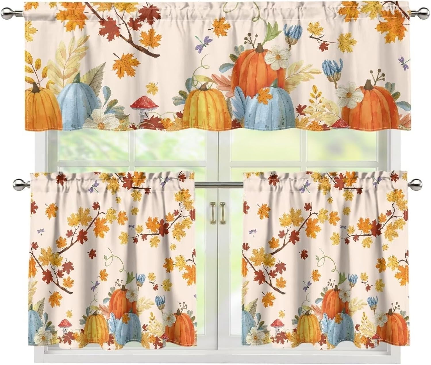 Fall Kitchen Curtains and Valances Set 24 Inches Long Pumpkin Print ...
