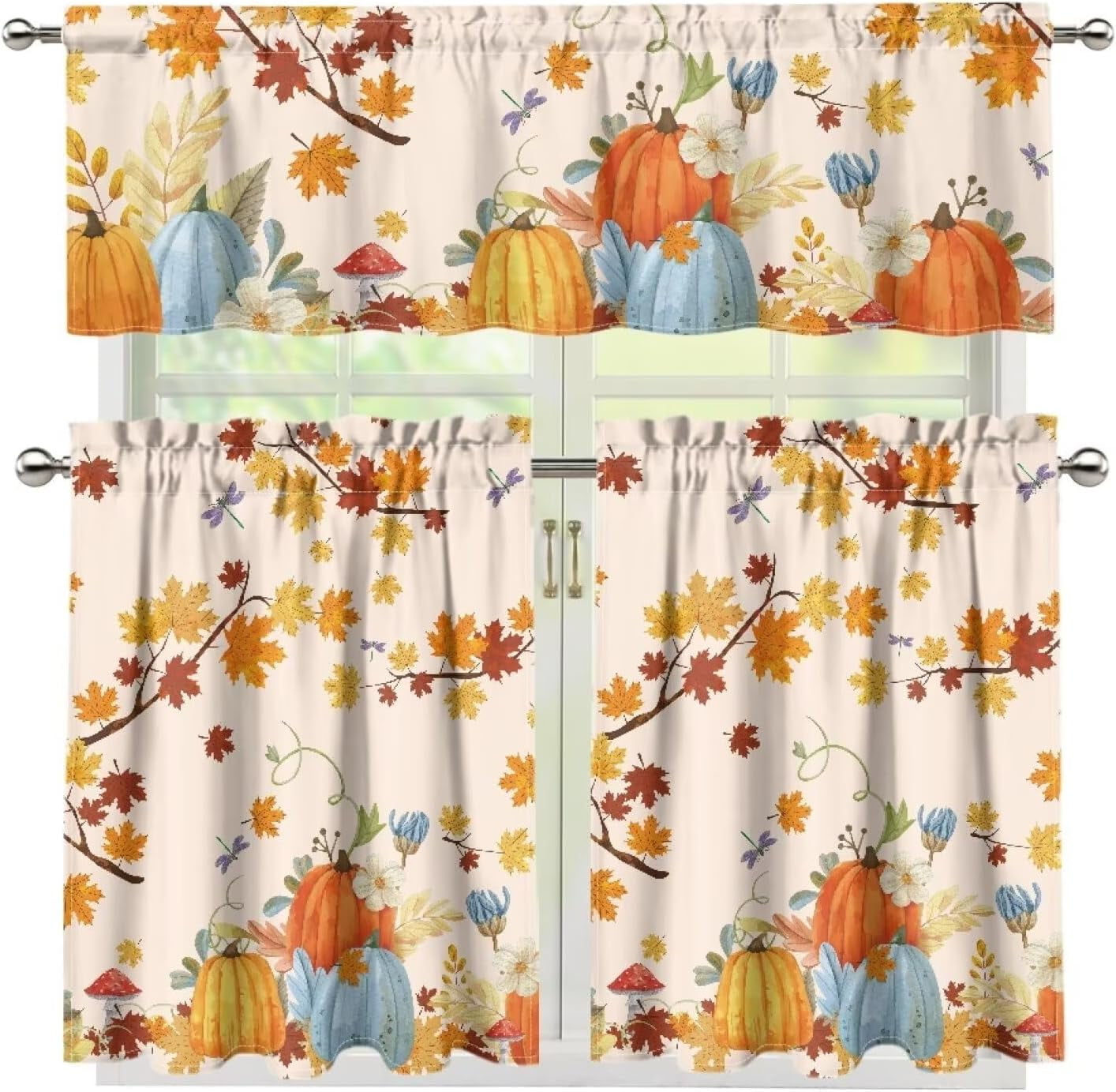Fall Kitchen Curtains and Valances Set 36 Inches Long Pumpkin Print ...