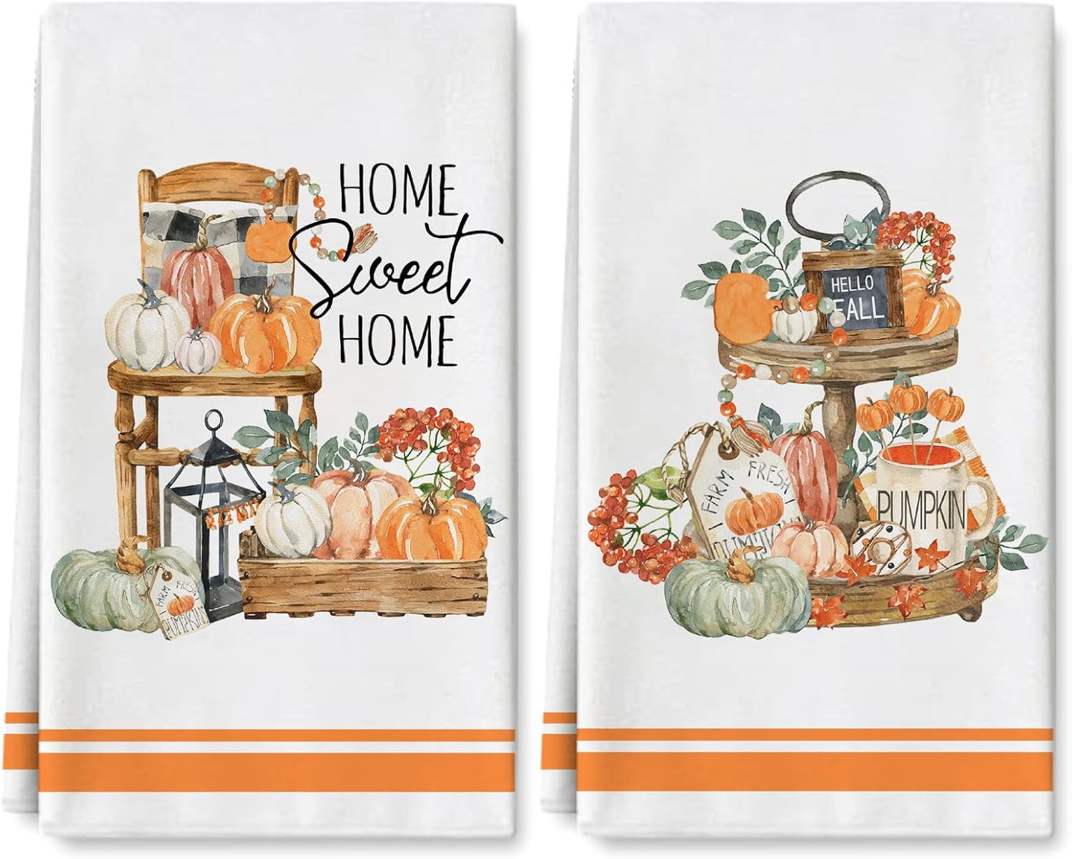 Fall Kitchen Dish Towel 18 x 26 Inch Watercolor Pumpkin Home Sweet Home ...