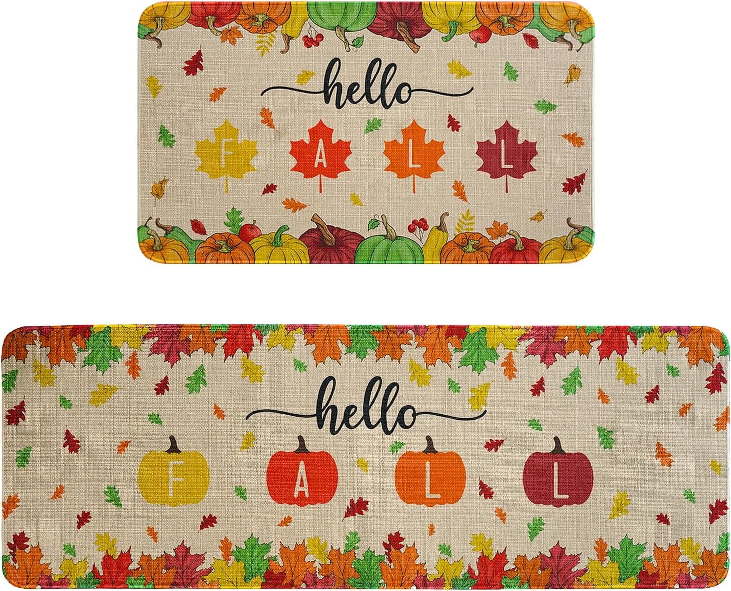 Fall Kitchen Mats for Floor 2 Piece Colorful Maple Leaf Pumpkin Kitchen ...