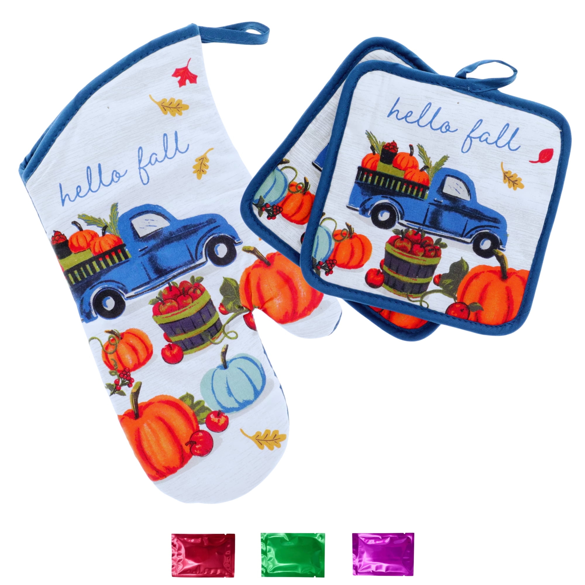 Fall Kitchen Pot Holders and Oven Mitts Set of 3, Heat Resistant Gloves ...