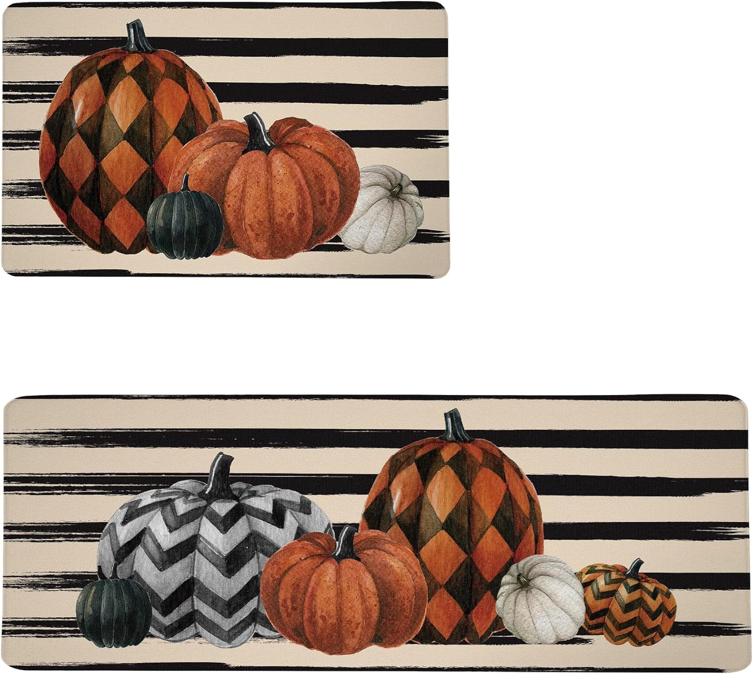 Fall Kitchen Rugs Set of 2, Fall Watercolor Stripes Pumpkin Decorative Autumn Thanksgiving ...