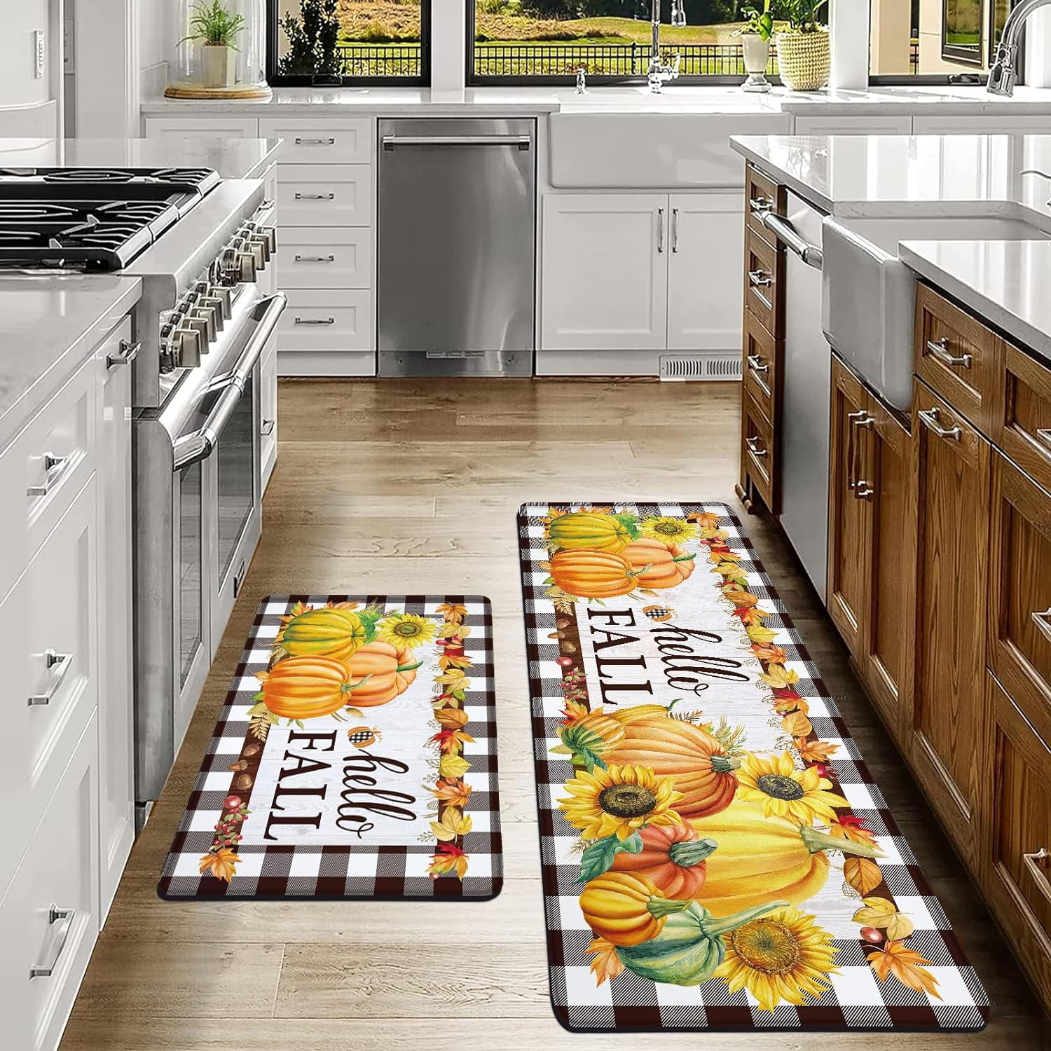 Fall Kitchen Rugs Set of 2 Pumpkin Sunflower Farmhouse Buffalo Plaid ...