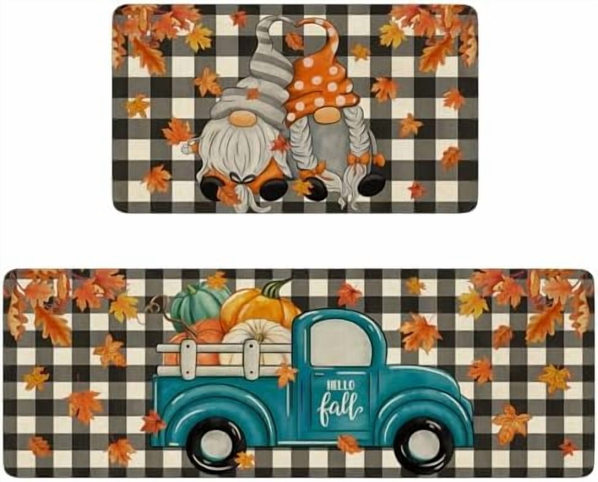 Fall Kitchen Rugs Set of 2, Pumpkin Truck Gnomes Kitchen Mats for Floor ...