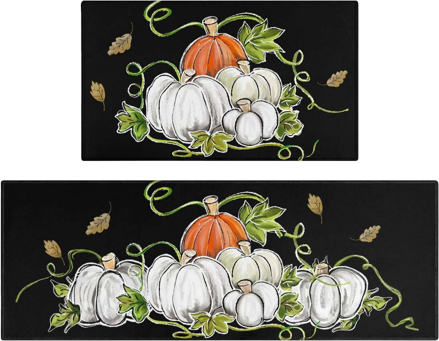 Fall Kitchen Rugs Set of 2,White Pumpkin Leaf Harvest Thanksgiving ...