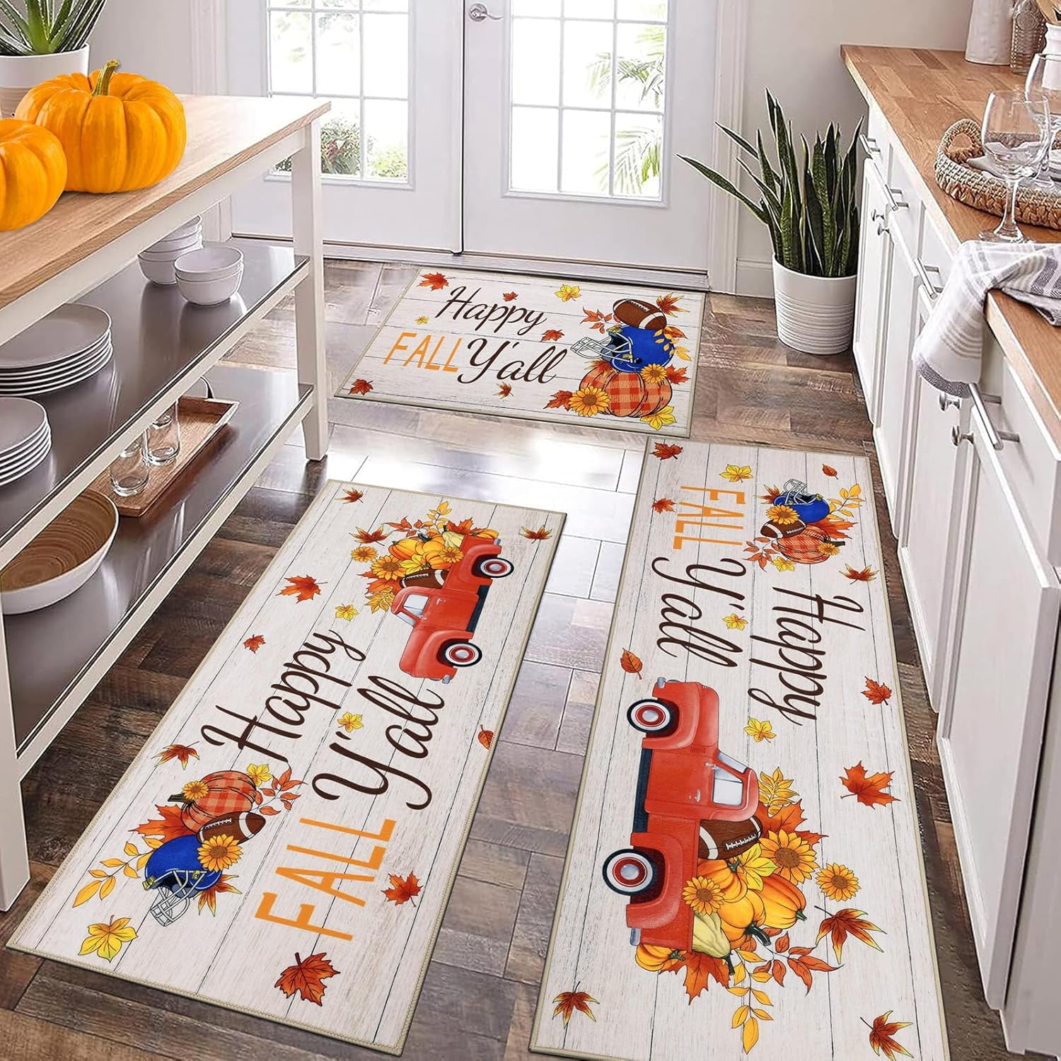 Fall Kitchen Rugs Set of 3 Happy Fall Y‘All Red Truck Kitchen Rugs and ...