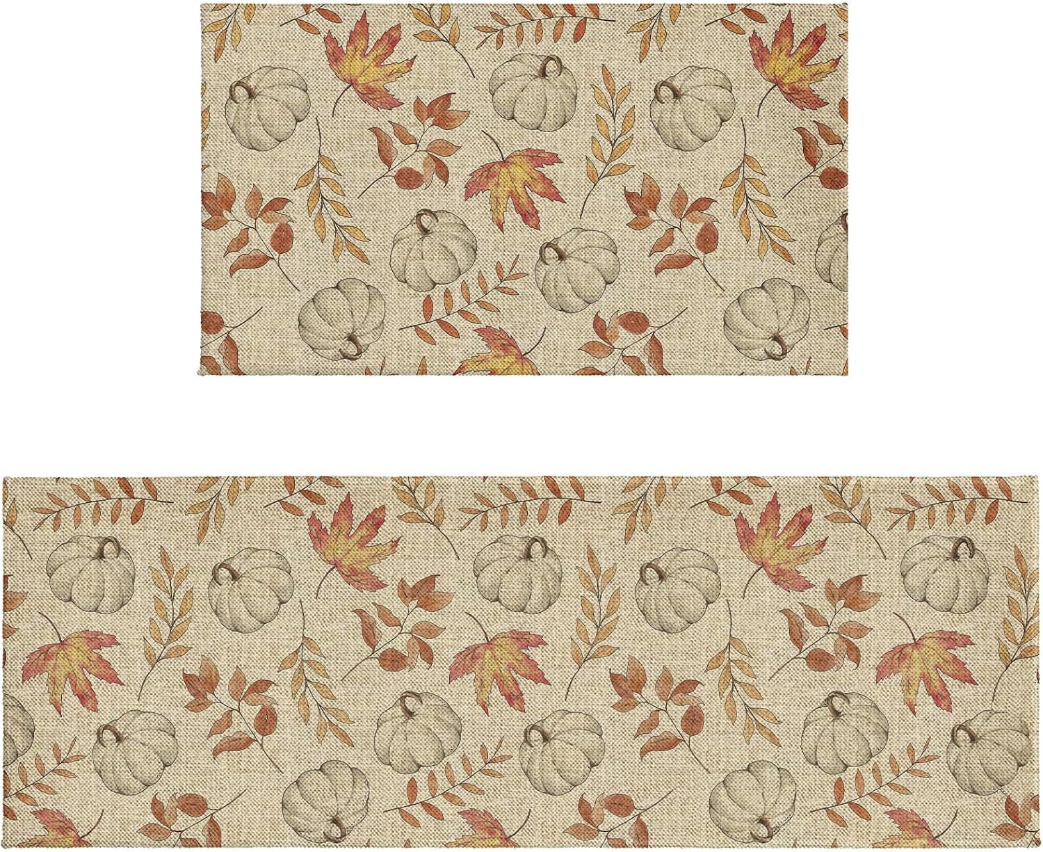 Fall Kitchen Rugs Sets of 2 Non Slip White Pumpkins Orange Maple Leaves ...
