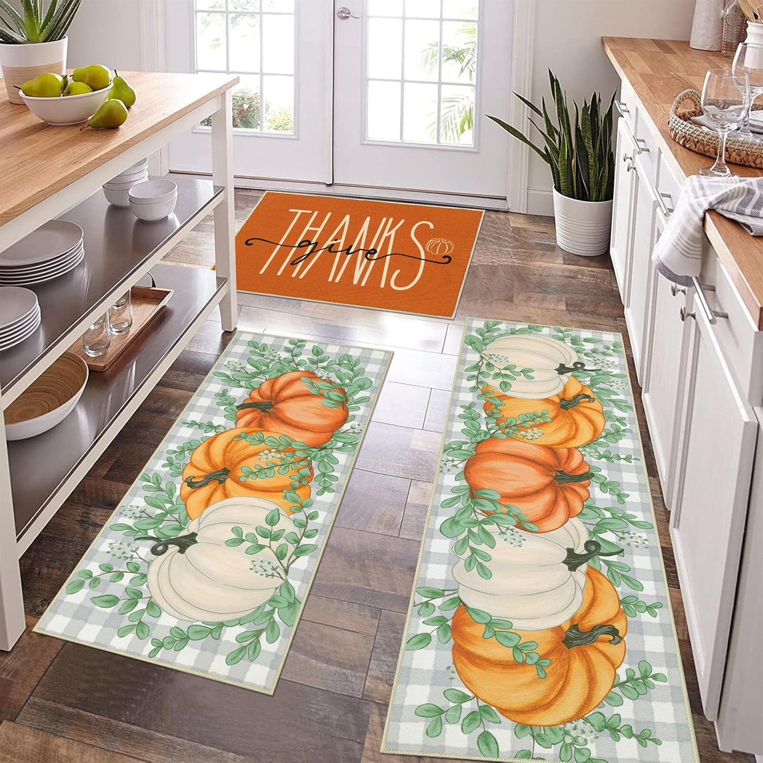 Fall Kitchen Rugs Sets of 3, Pumpkin Leaves Kitchen Floor Mats ...