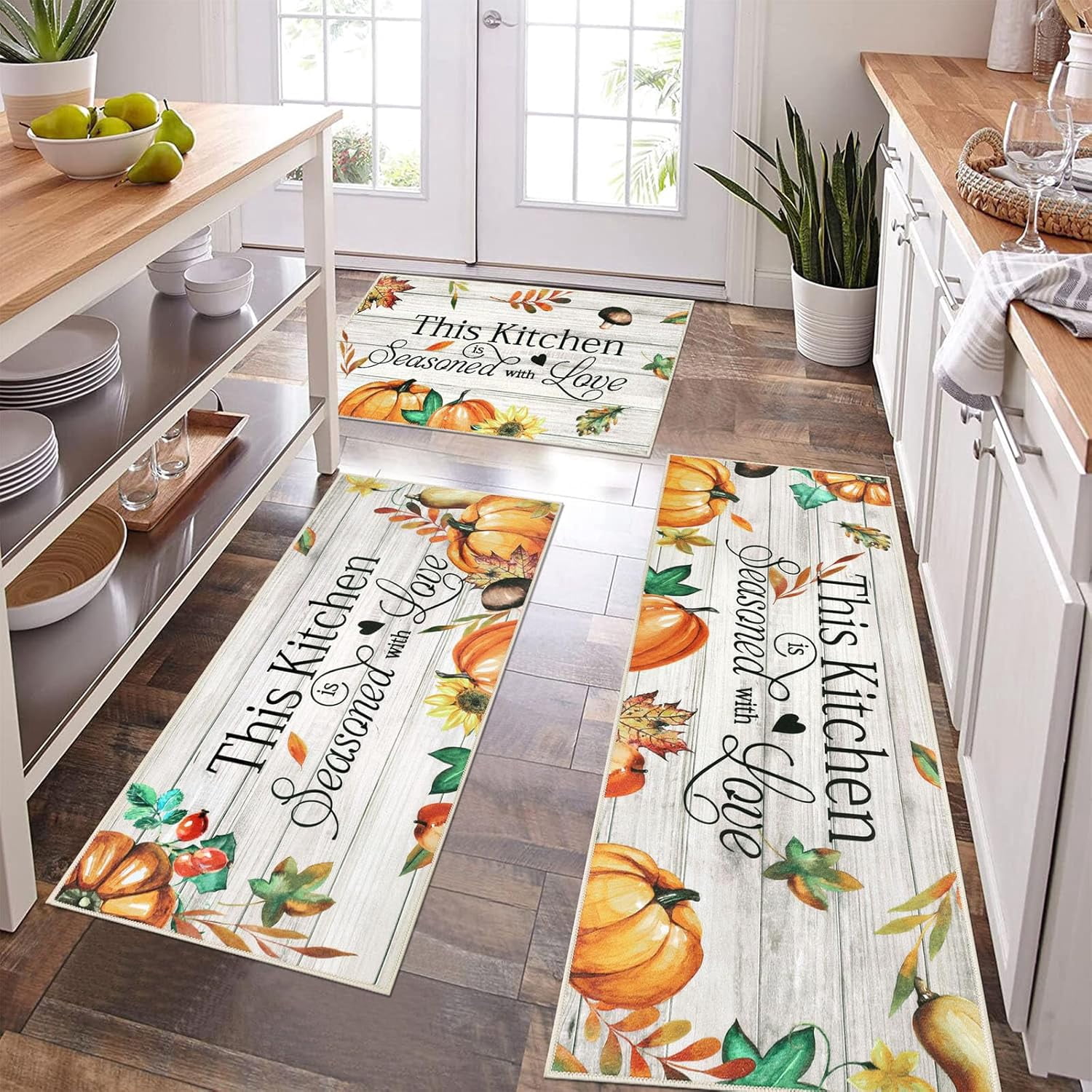 Fall Kitchen Rugs Sets of 3, Pumpkin Leaves Kitchen Floor Mats ...