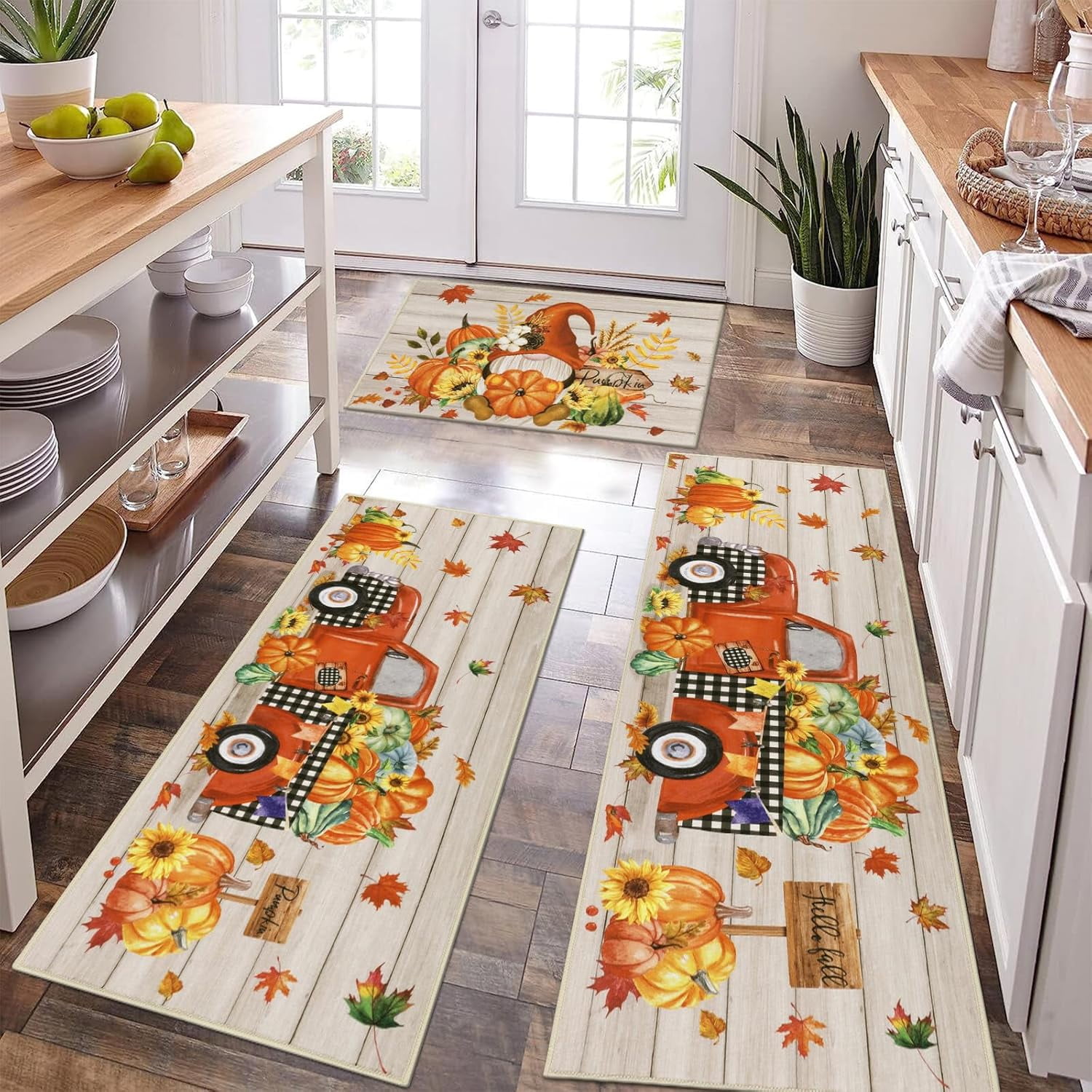 Fall Kitchen Rugs Sets of 3, Pumpkin Truck Kitchen Floor Mats ...
