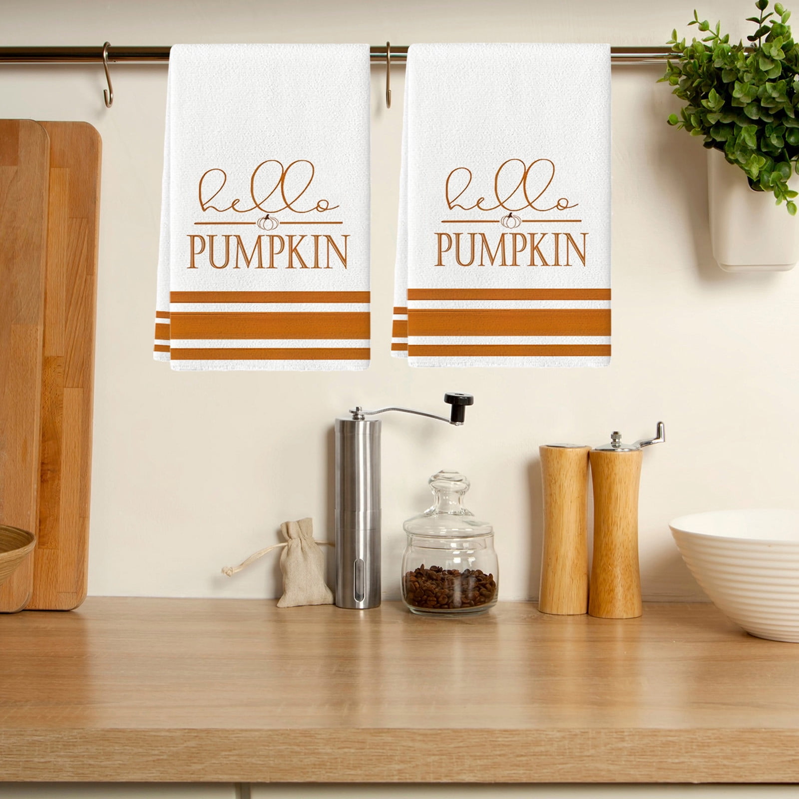 Fall Kitchen Towels, Fall Pumpkins Maple Leaves Orange Plaid Hand Dish ...