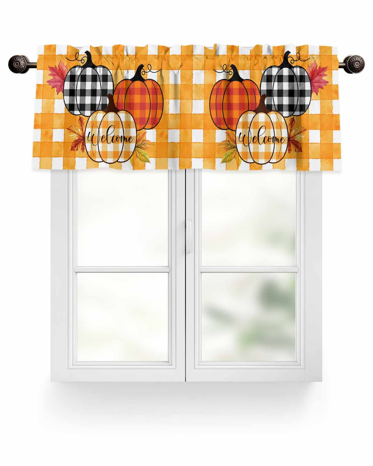 Fall Kitchen Valances for Windows Plaid Pumpkin Fall Maple Leaf Welcome ...