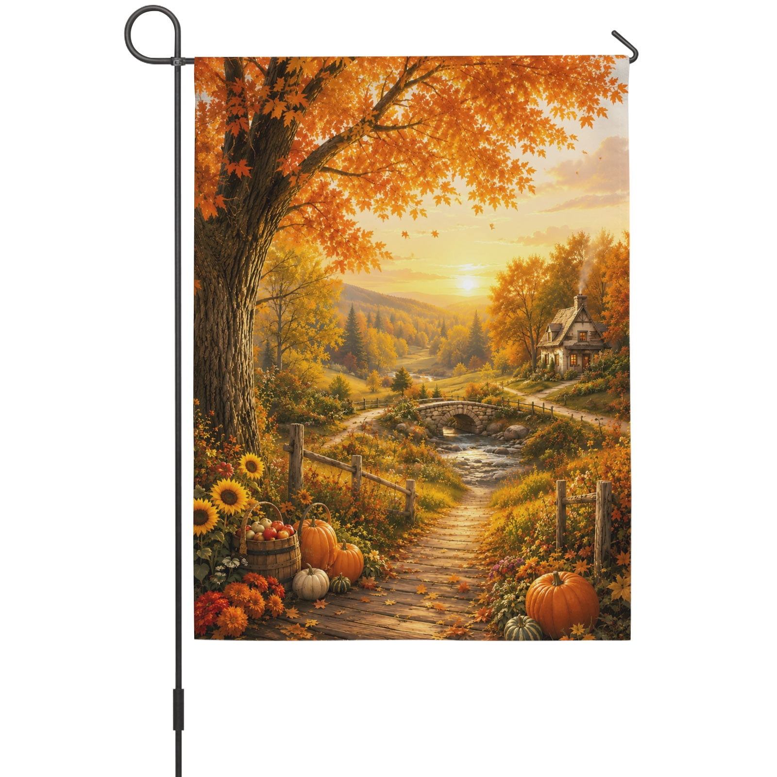 Fall Landscape House Flags For Outdoor, Orange Gold Maple Leaf Pumpkins ...