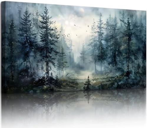 Fall Landscape Large Canvas Wall Art Living Room, Lake Boat Forest Art ...