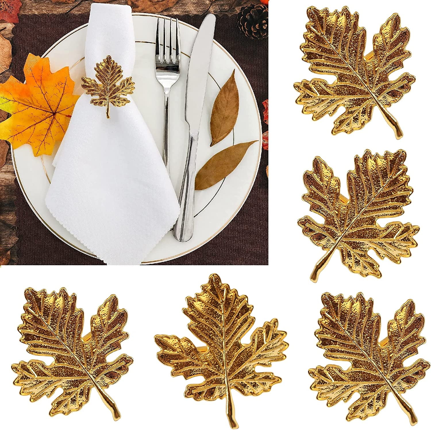 Fall Leaf Napkin Rings Set of 12, Gold Napkin Holders for Thanksgiving ...