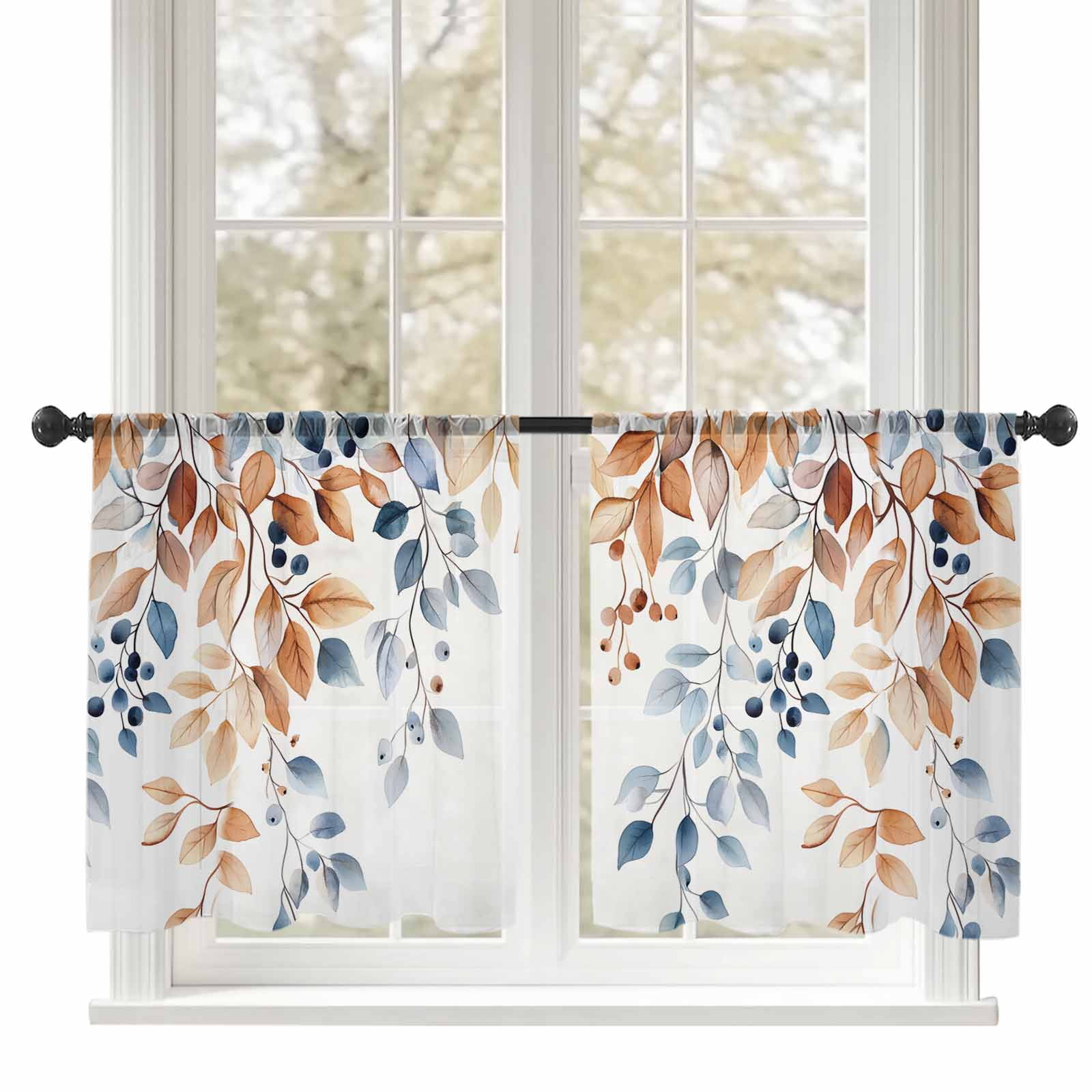 Fall Leaf Sheer Curtains 45 inches Long 2 Panels Set Watercolor Berry ...