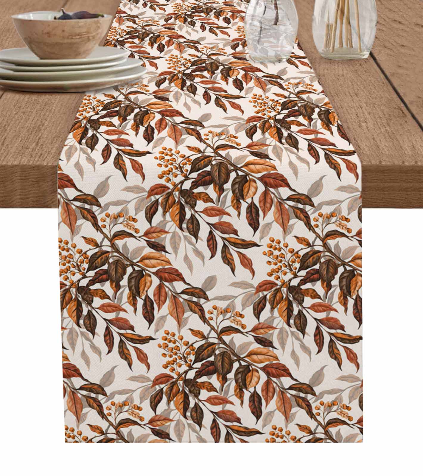 Fall Leaf Table Runner 72 Inches, Autumn Rustic Retro Botanical Leaves ...