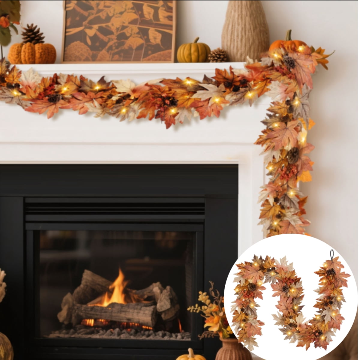 Fall Leaves Garland for Mantle, 5.9Ft Autumn Leaf Garland with White ...