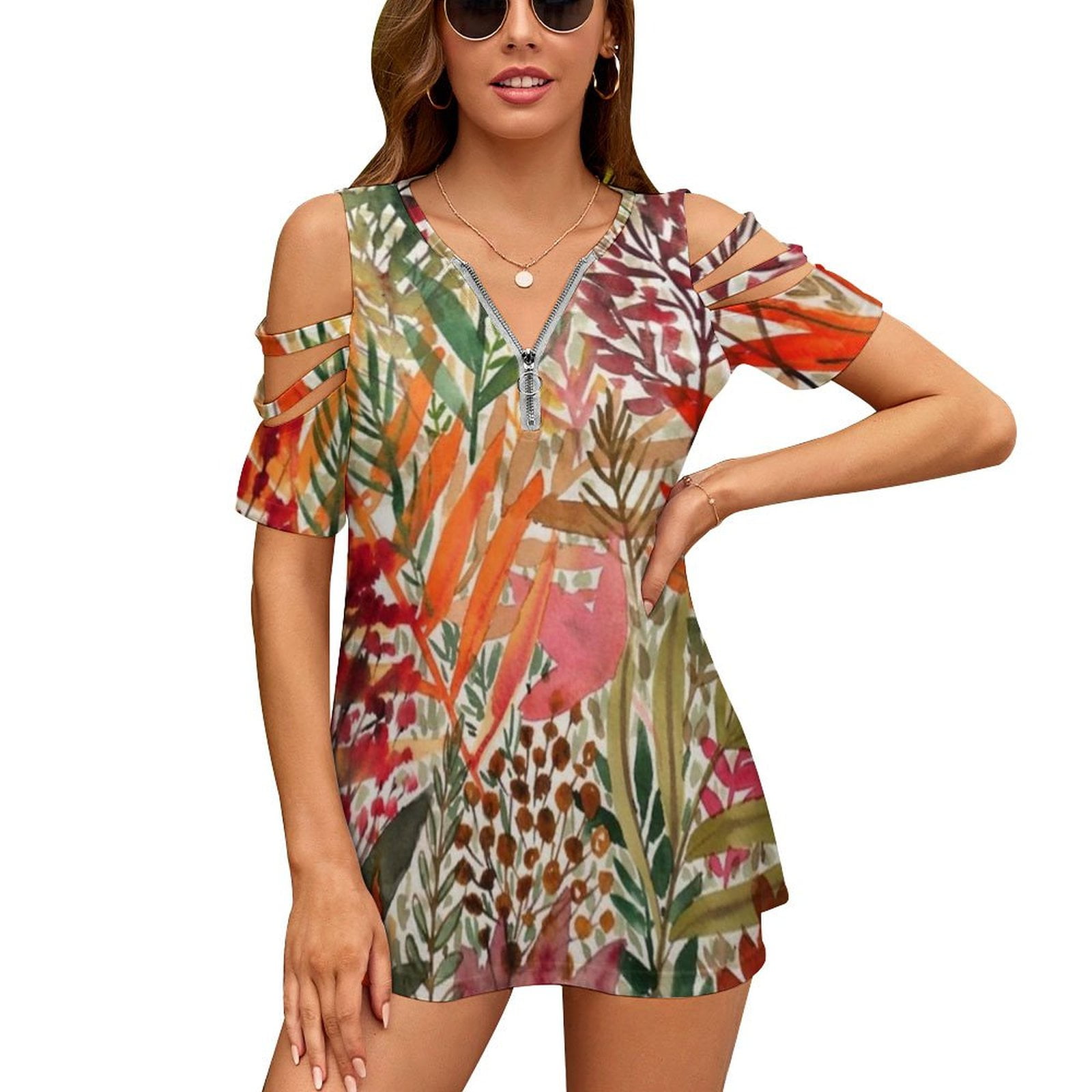 Fall Leaves In Orange Red And Green New Fashion Zip Off Shoulder Top ...