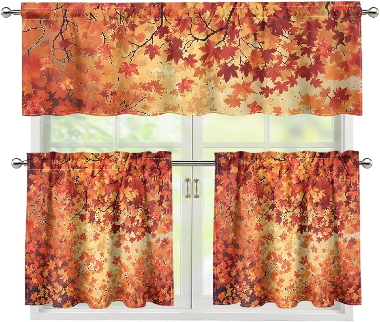 Fall Leaves Kitchen Curtain Valance 3 Piece Set Curtain Toppers Kitchen ...