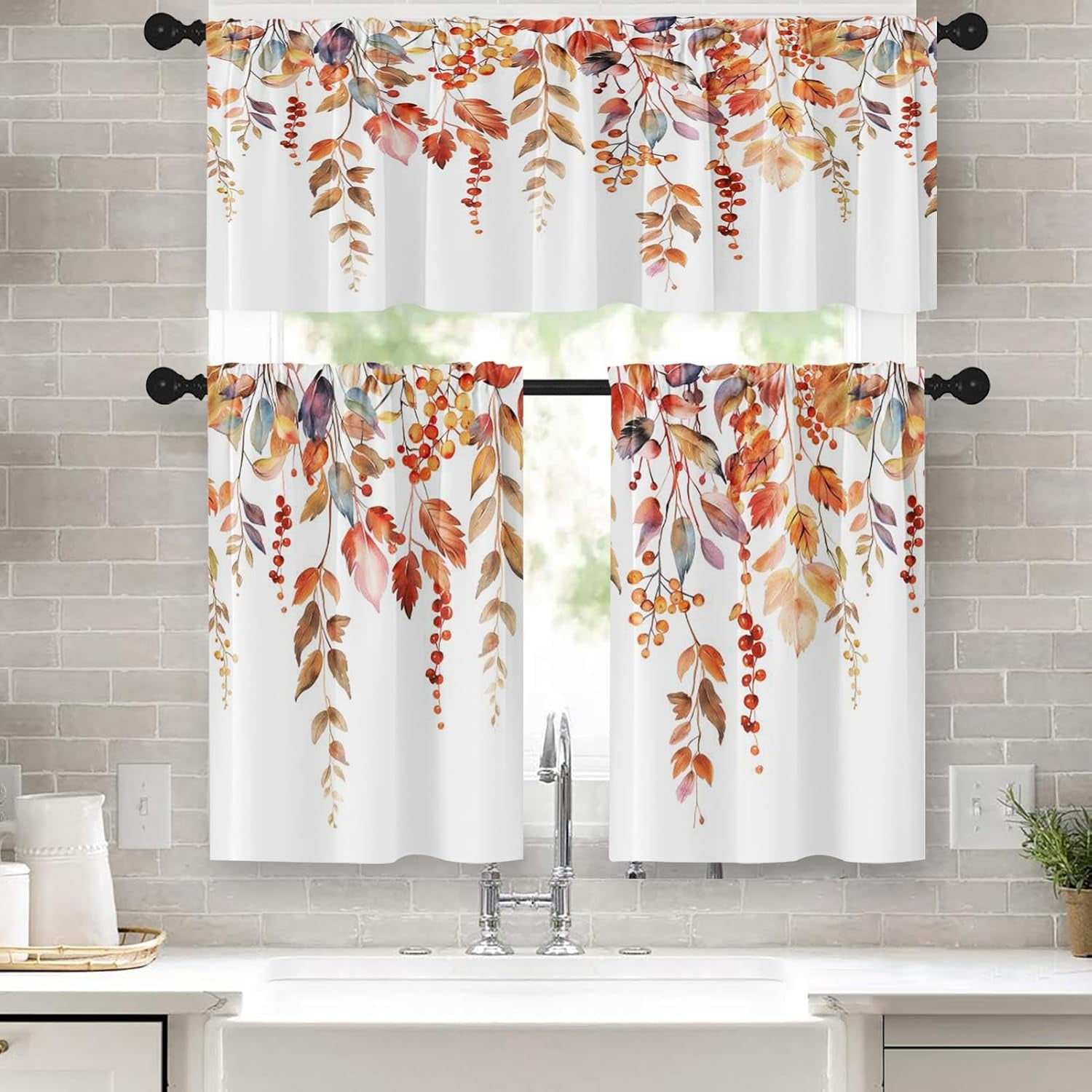 Fall Leaves Kitchen Curtains Orange Window Curtains Valance and Tier ...