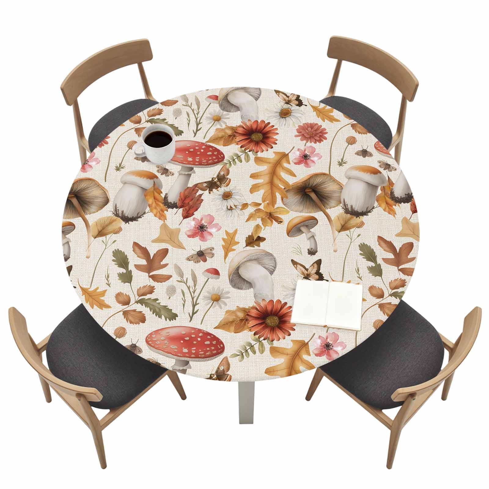 Fall Leaves Round Fitted Tablecloth with Elastic Edge Red Brown ...