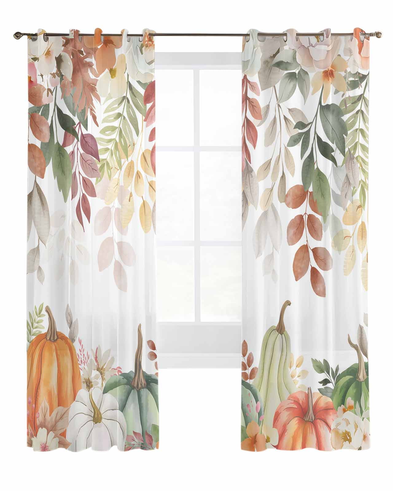 Fall Leaves Sheer Curtains 72 Inch Length 2 Panels Orange Green White ...