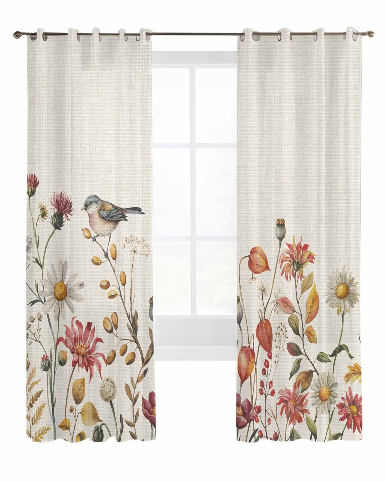 Fall Leaves Sheer Curtains 84 Inch Length 2 Panels Autumn Flowers Birds ...