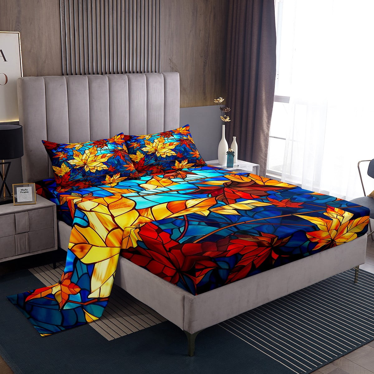 Fall Leaves Sheet Set Queen,Watercolor Decor Bed Sheets Set Colourful ...