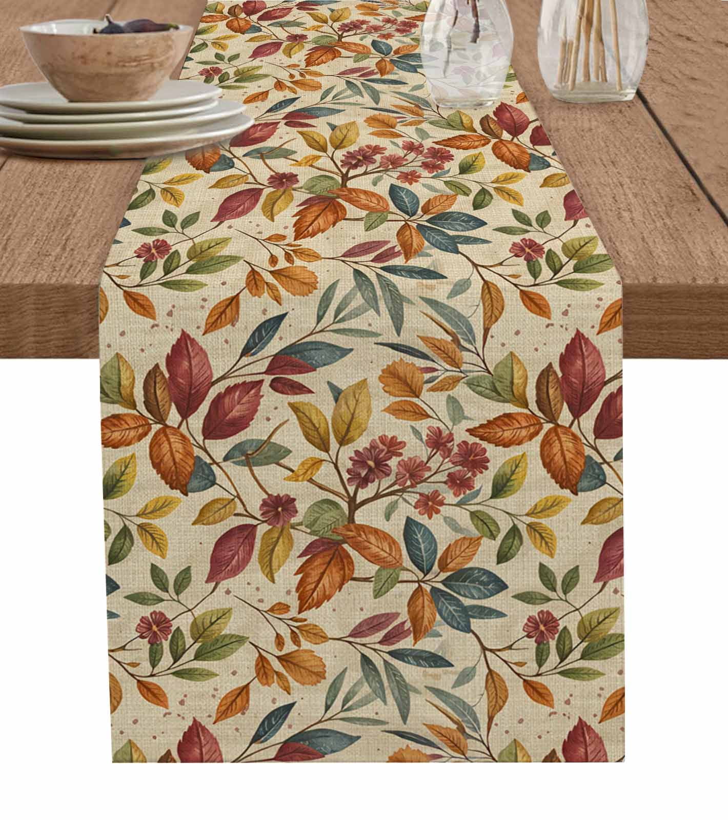 Fall Leaves Table Runner 72 Inches, Farmhouse Beige Botanical Leaf ...