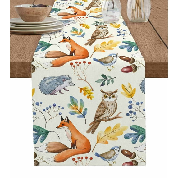 Fall Leaves Table Runner 90 Inches, Autumn Thanksgiving Fox Hedgehog ...