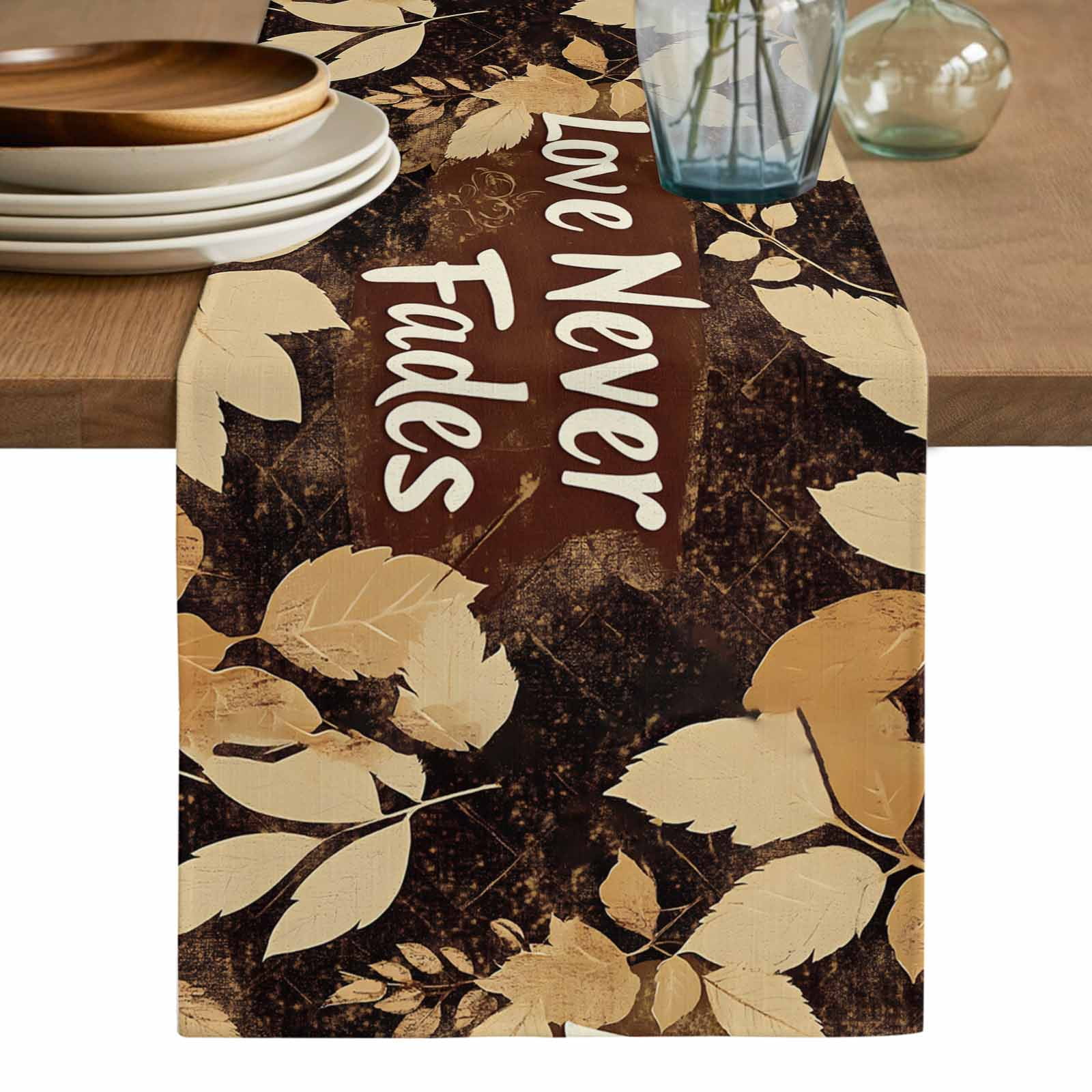 Fall Leaves Table Runner, Brown Beige Leaf Washable Cotton Linen Table Runners 108 Inches Long ...
