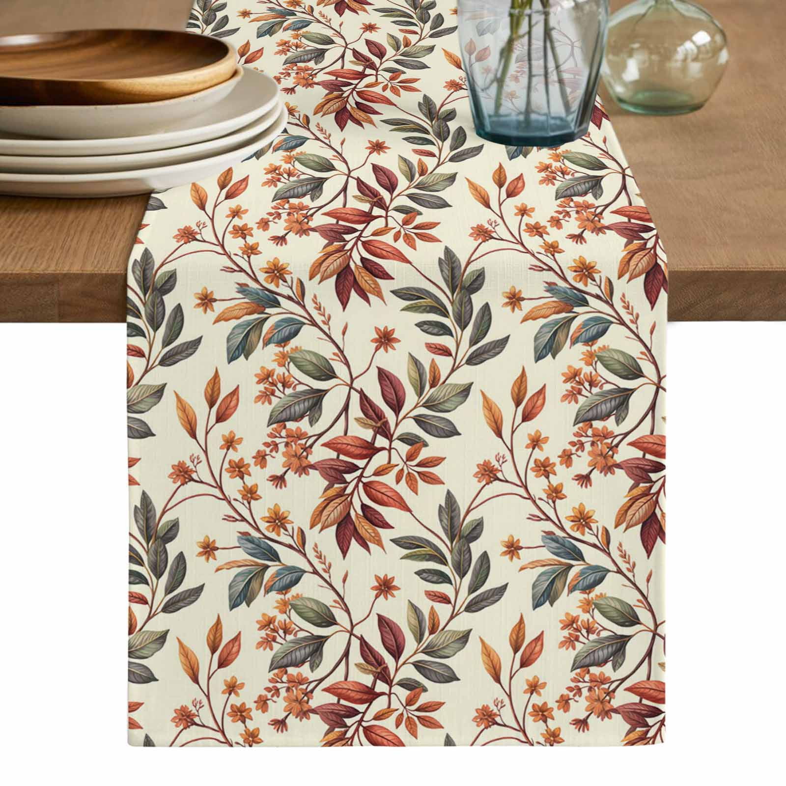 Fall Leaves Table Runner, Farmhouse Beige Botanical Branch Washable Cotton Linen Table Runners ...