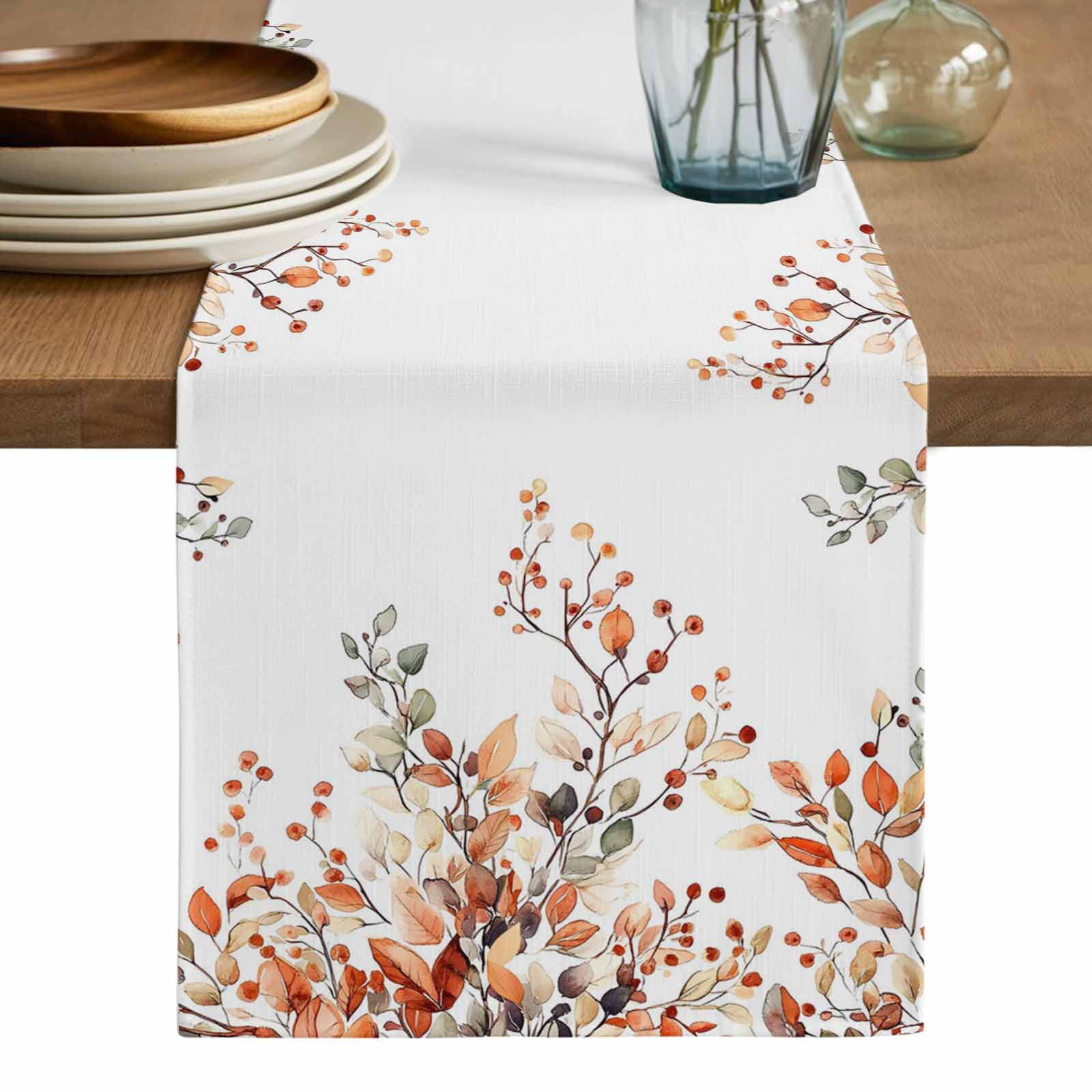 Fall Leaves Table Runner, Farmhouse Orange Eucalyptus Leaf Floral Washable Cotton Linen Table ...
