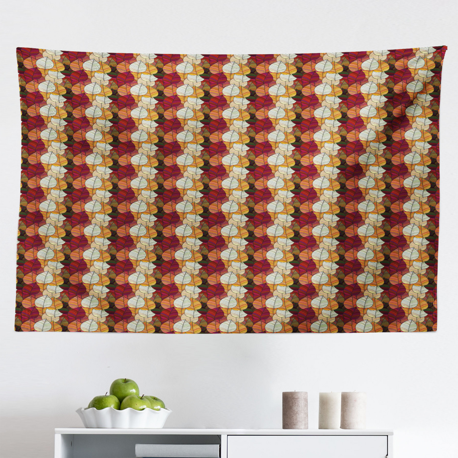 Fall Leaves Tapestry, Leafy Floral Illustrations Stripes Repeatedly ...