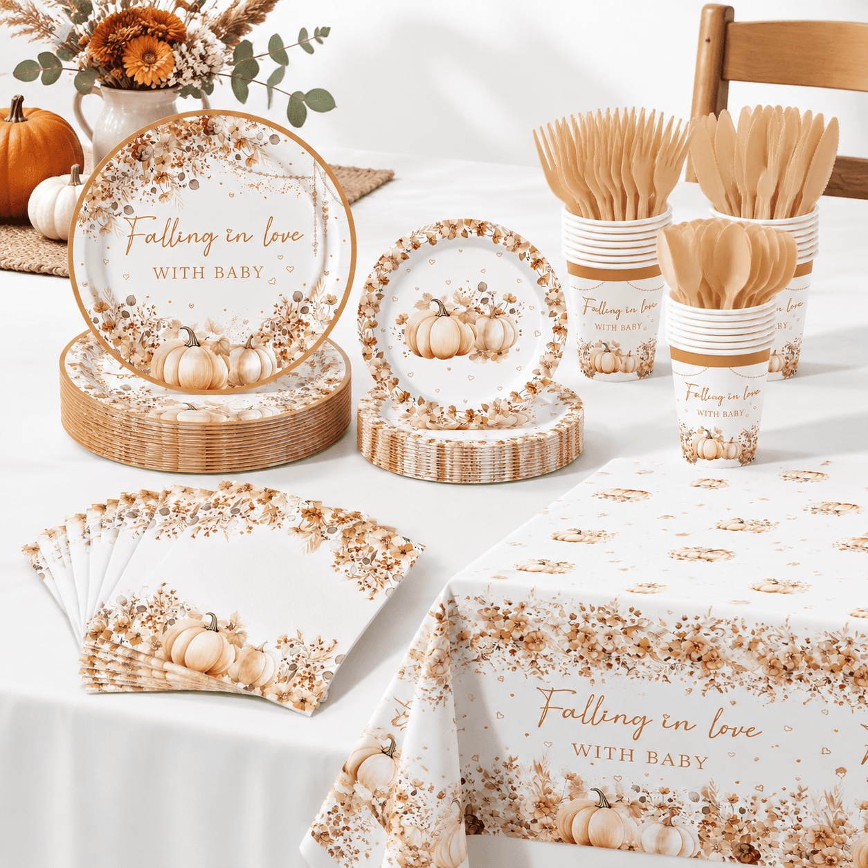 Fall Little Pumpkin Disposable Party Tableware Set, Serves 24 Guests ...