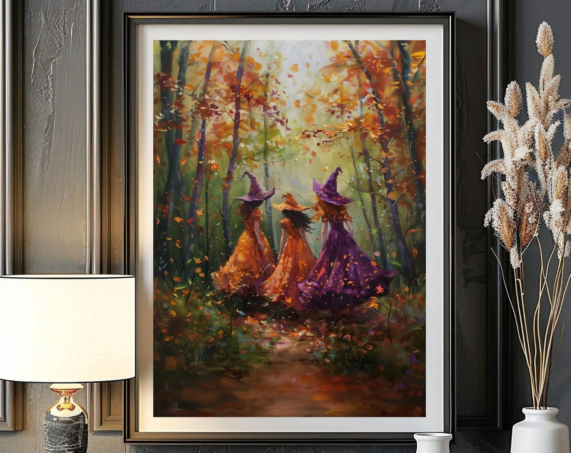 Fall And Living Room Witch Wall Art, Beautiful Witches In Fall Forest ...