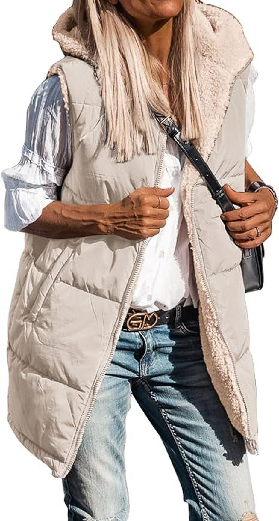 Fall Long Puffer Vest Women Sleeveless Hooded Reversible Fleece Sherpa ...