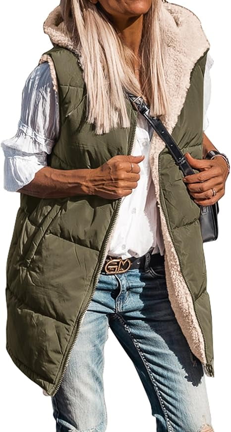 Fall Long Puffer Vest Women Sleeveless Hooded Reversible Fleece Sherpa ...