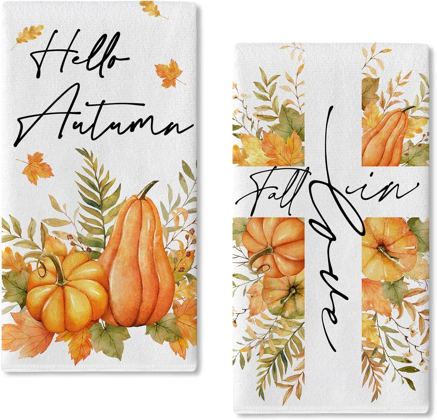 Fall in Love Pumpkin Cross Religious Kitchen Dish Towels Set of 2 ...