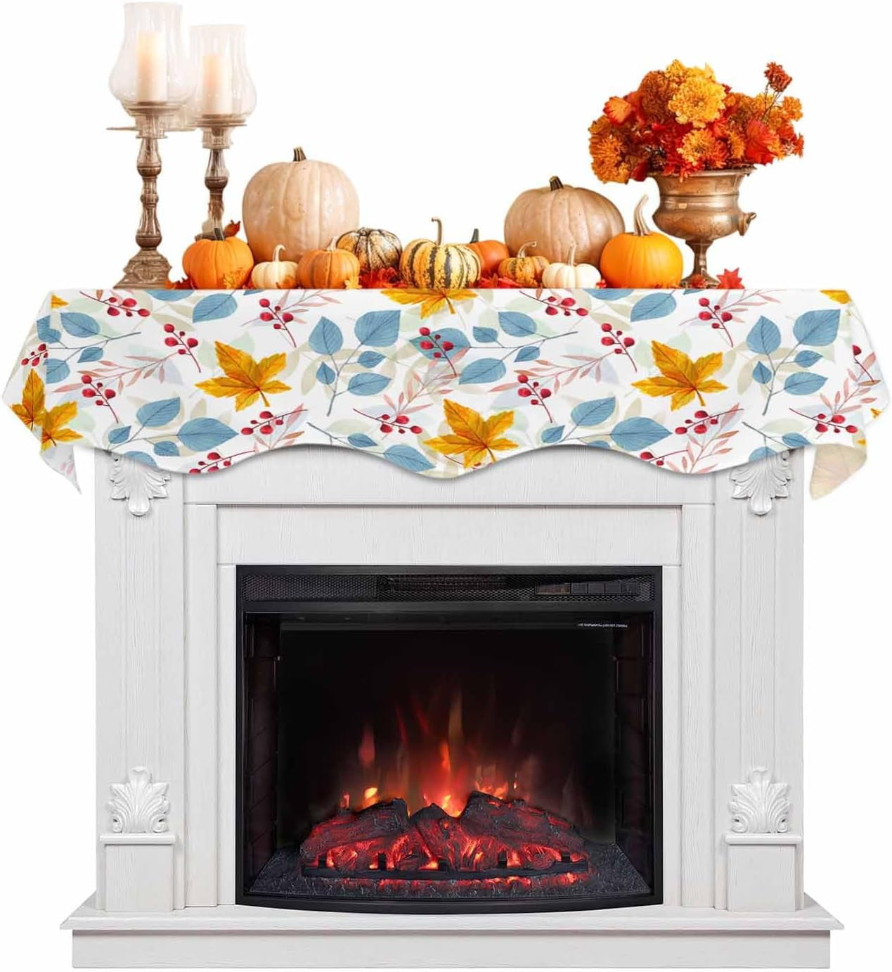 Fall Mantle Scarf Autumn Plants Gold Maple and Blue Leaves Farmhouse ...