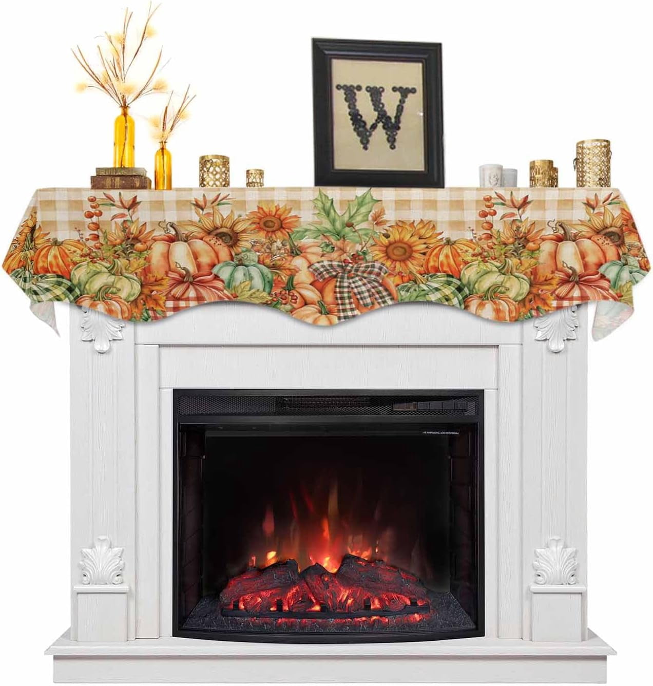 Fall Mantle Scarf for Fireplace Pumpkin Plants Sunflowers Leaves Bow ...
