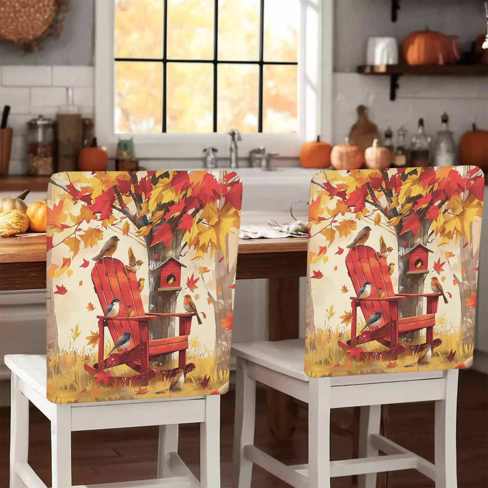 Fall Maple Chair Covers Set of 8 Leaf Forest Birds Chair Back Covers ...
