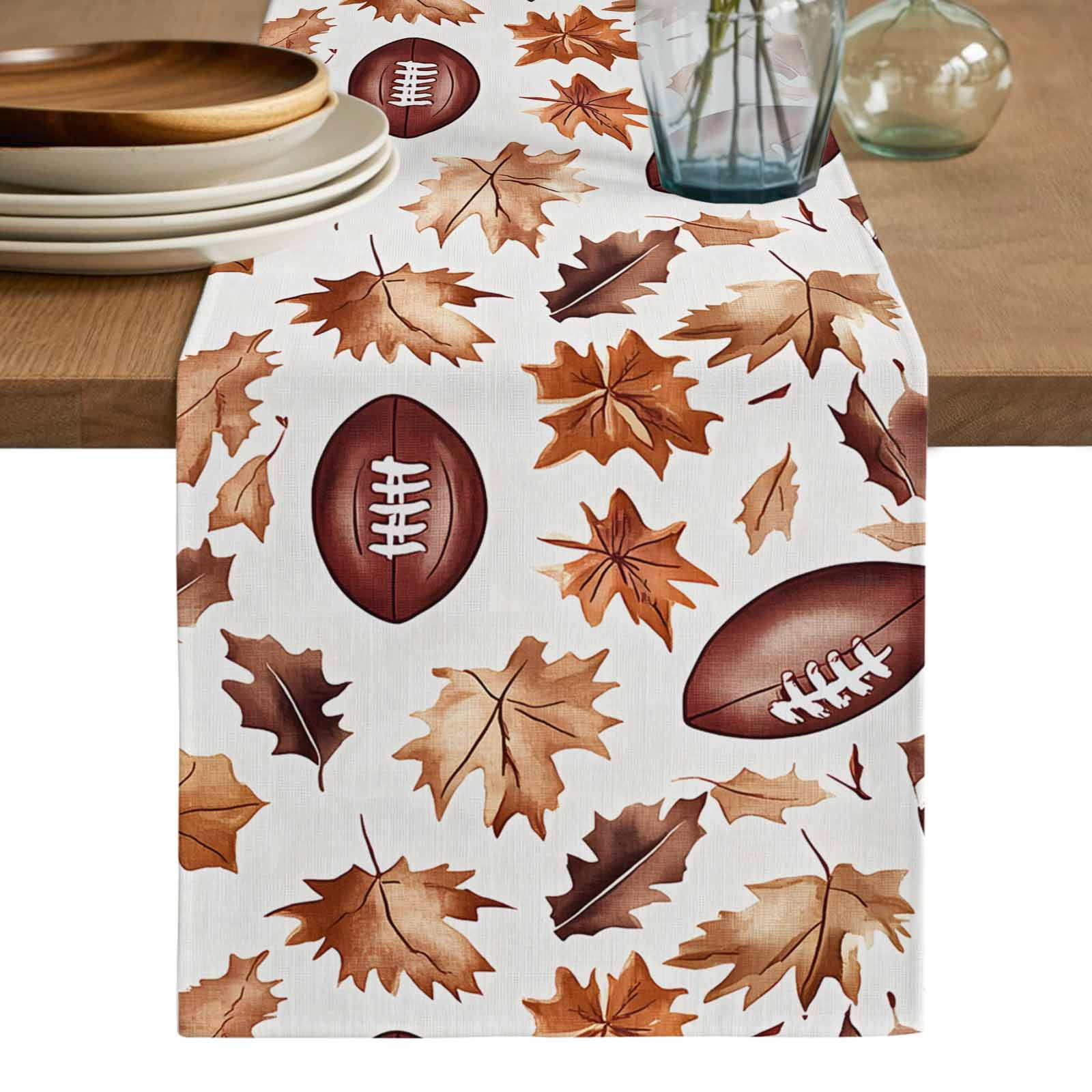 Fall Maple Leaf Football Table Runner, Autumn Farmhouse Vintage Washable Cotton Linen Table ...