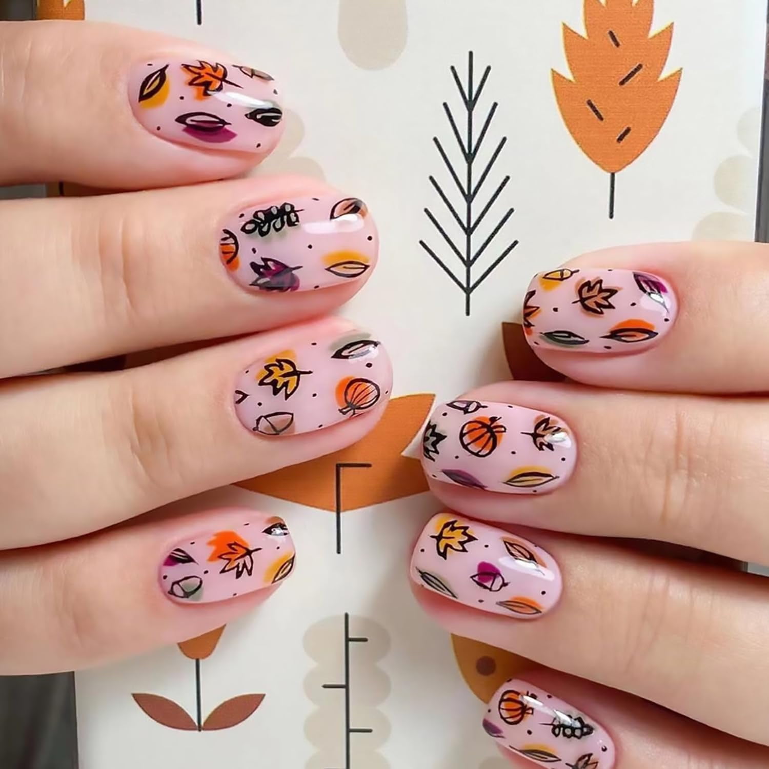 Fall Maple Leaf Press on Nails Square Short Fake Nails Thanksgiving ...