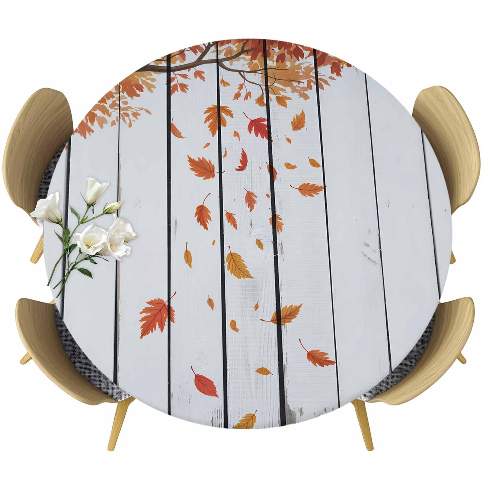 Fall Maple Leaf Round Tablecloth, Fitted Table Cover with Elastic for ...