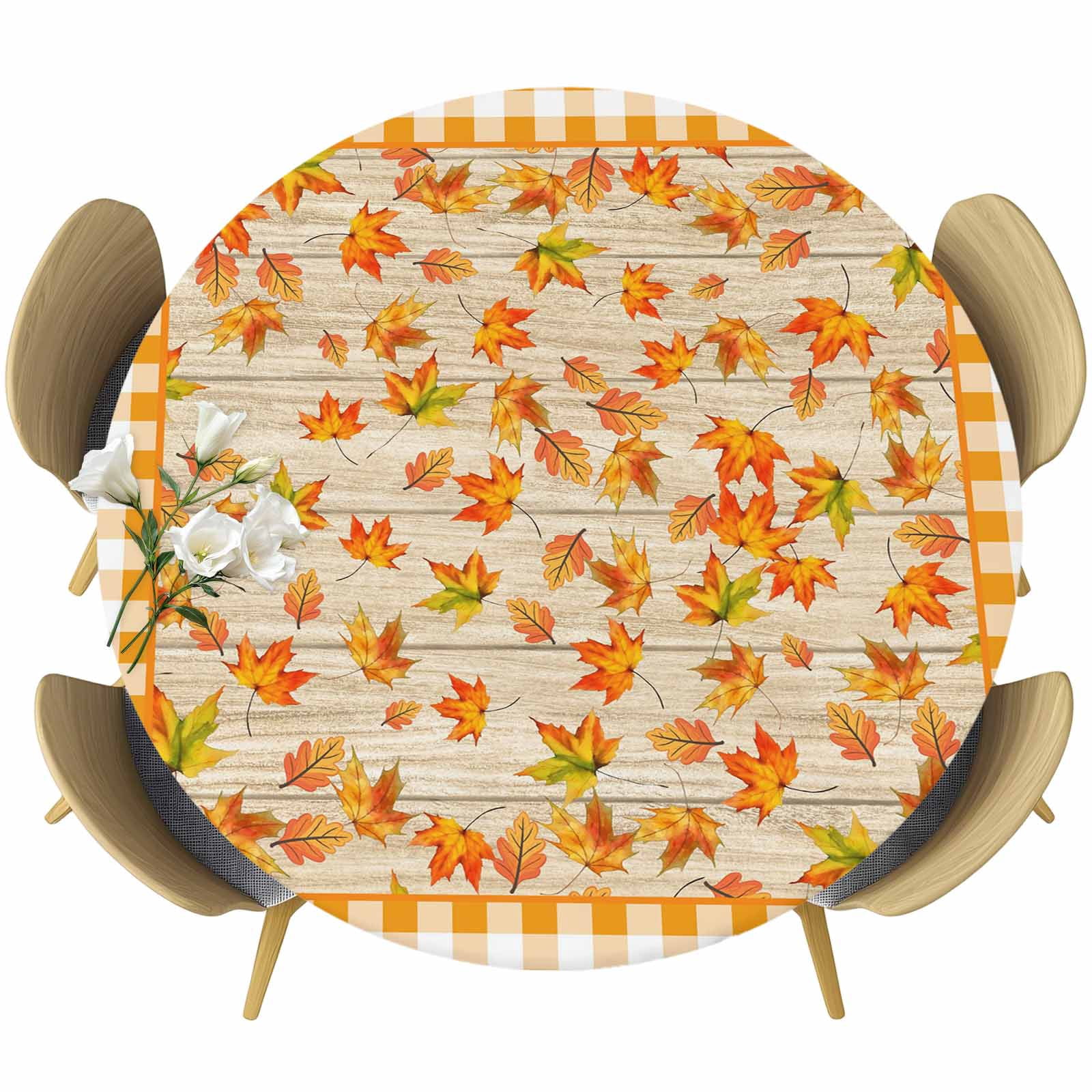 Fall Maple Leaf Round Tablecloth, Fitted Table Cover with Elastic for ...