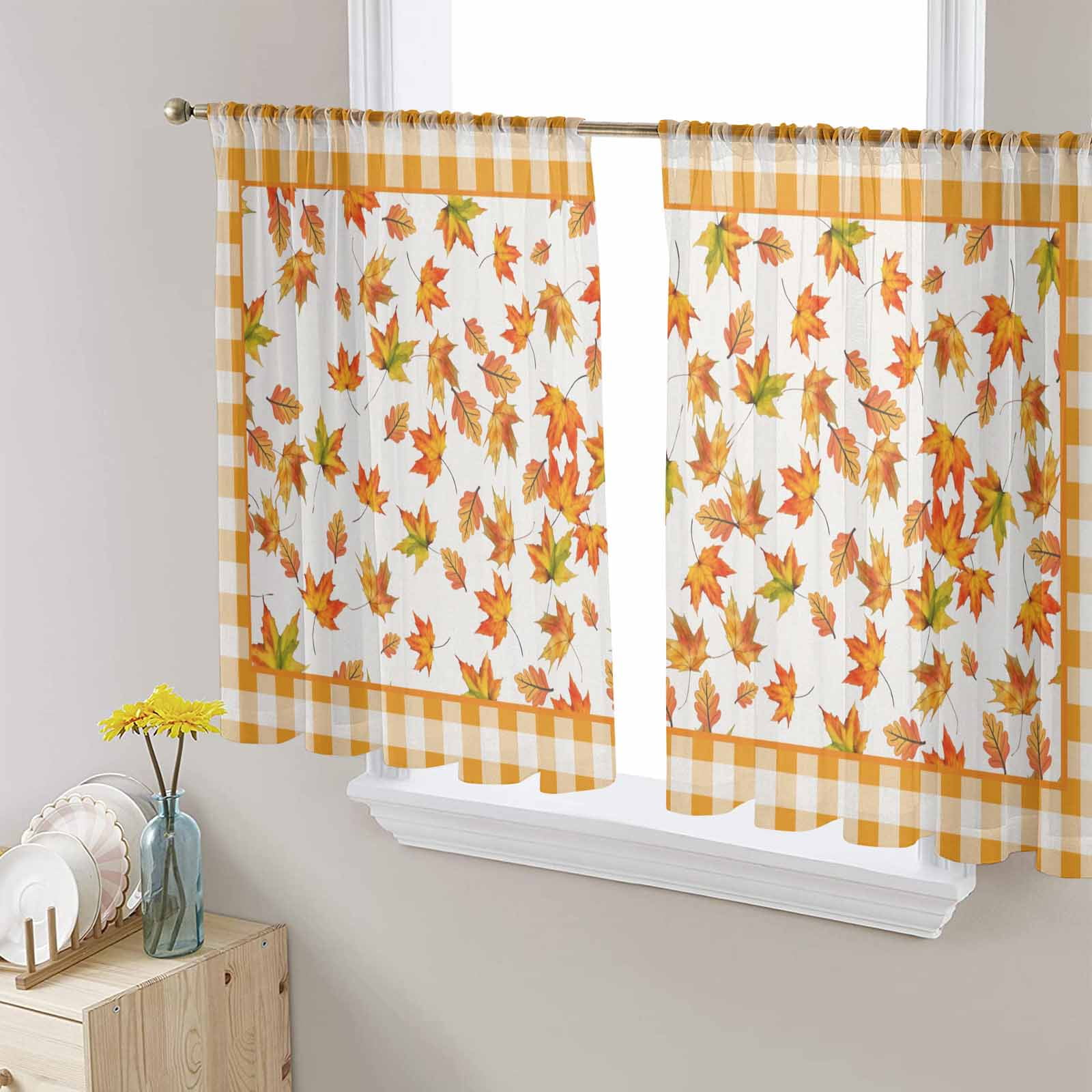 Fall Maple Leaf Sheer Curtains 54 Inches Length 2 Panels Set, Window ...