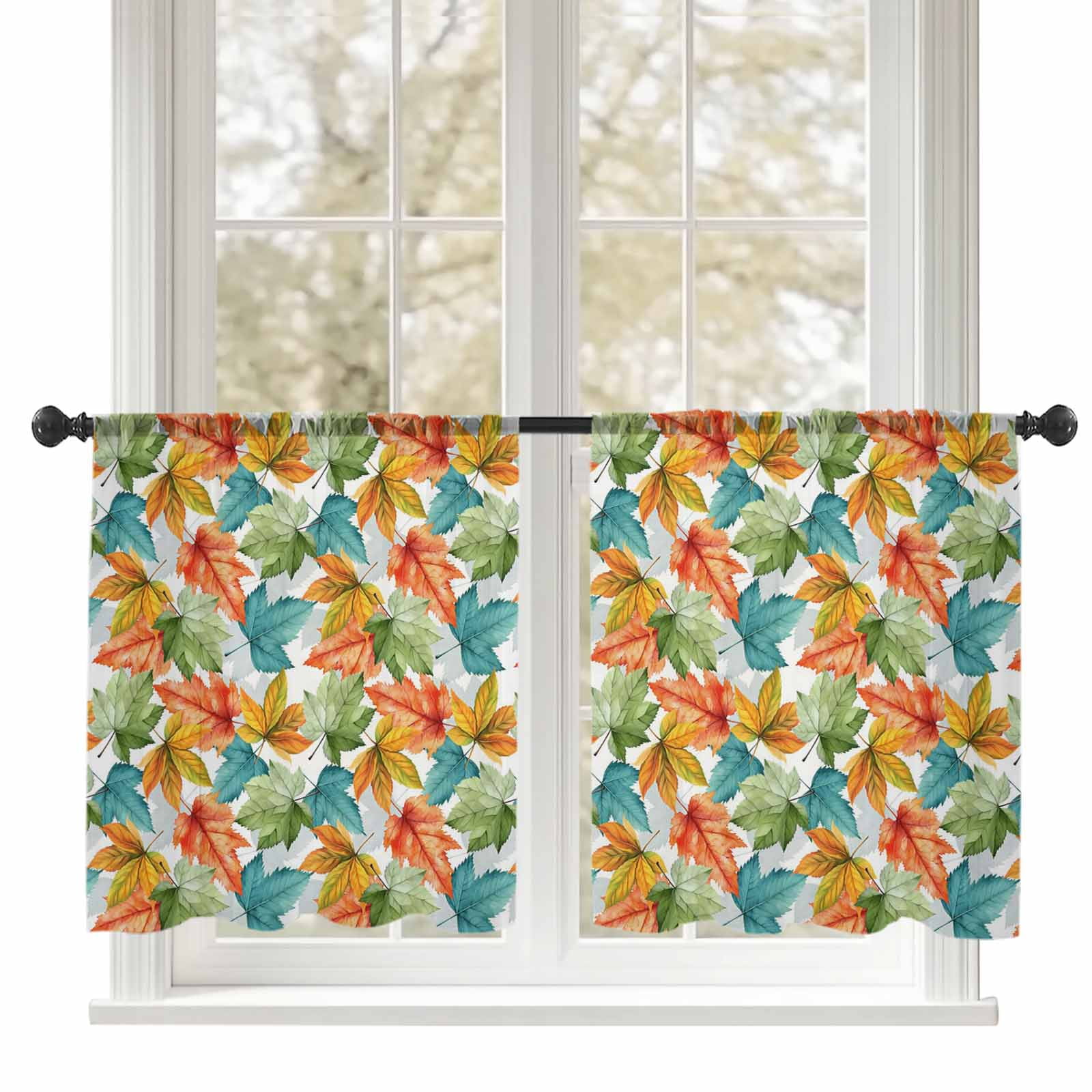 Fall Maple Leaf Sheer Curtains 54 inches Long, Blue Green Orange Leaves ...